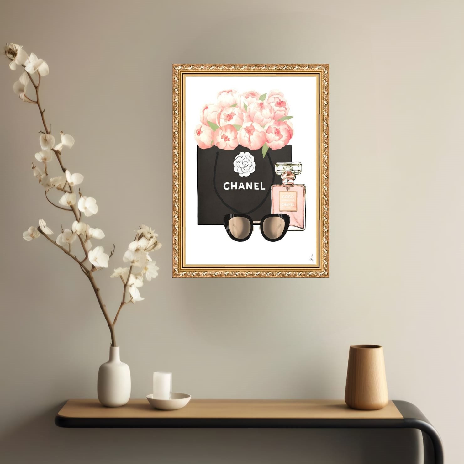 Quadro Decorativo Chanel Flores 33x24cm - com Vidro:moldura Branca ...
