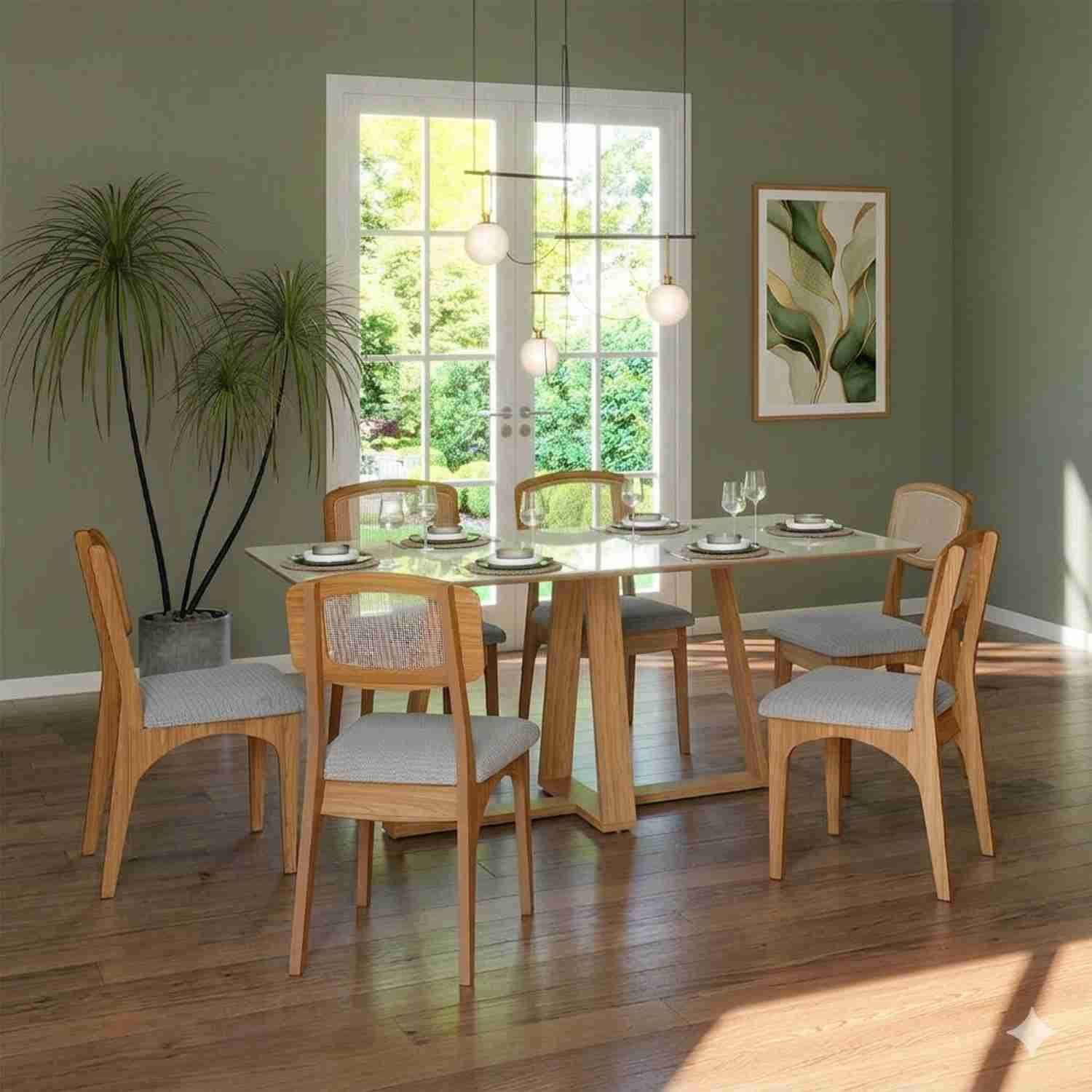 Conjunto Mesa de Jantar com 6 Cadeiras Retrô Estofada e Encosto Palinha ...