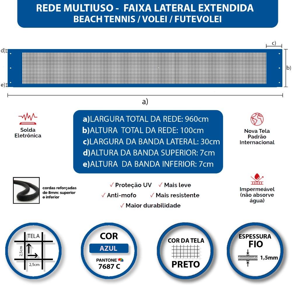 Rede Multiuso Zaka Volei Beach Futevolei com banda lateral Azul 9,60m x 1m | MadeiraMadeira