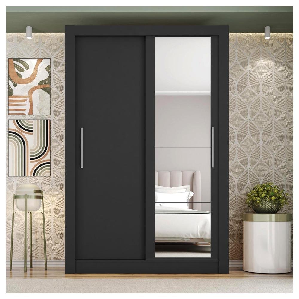 Guarda Roupa Solteiro Com Espelho 2 Portas 2 Gavetas Preto | MadeiraMadeira
