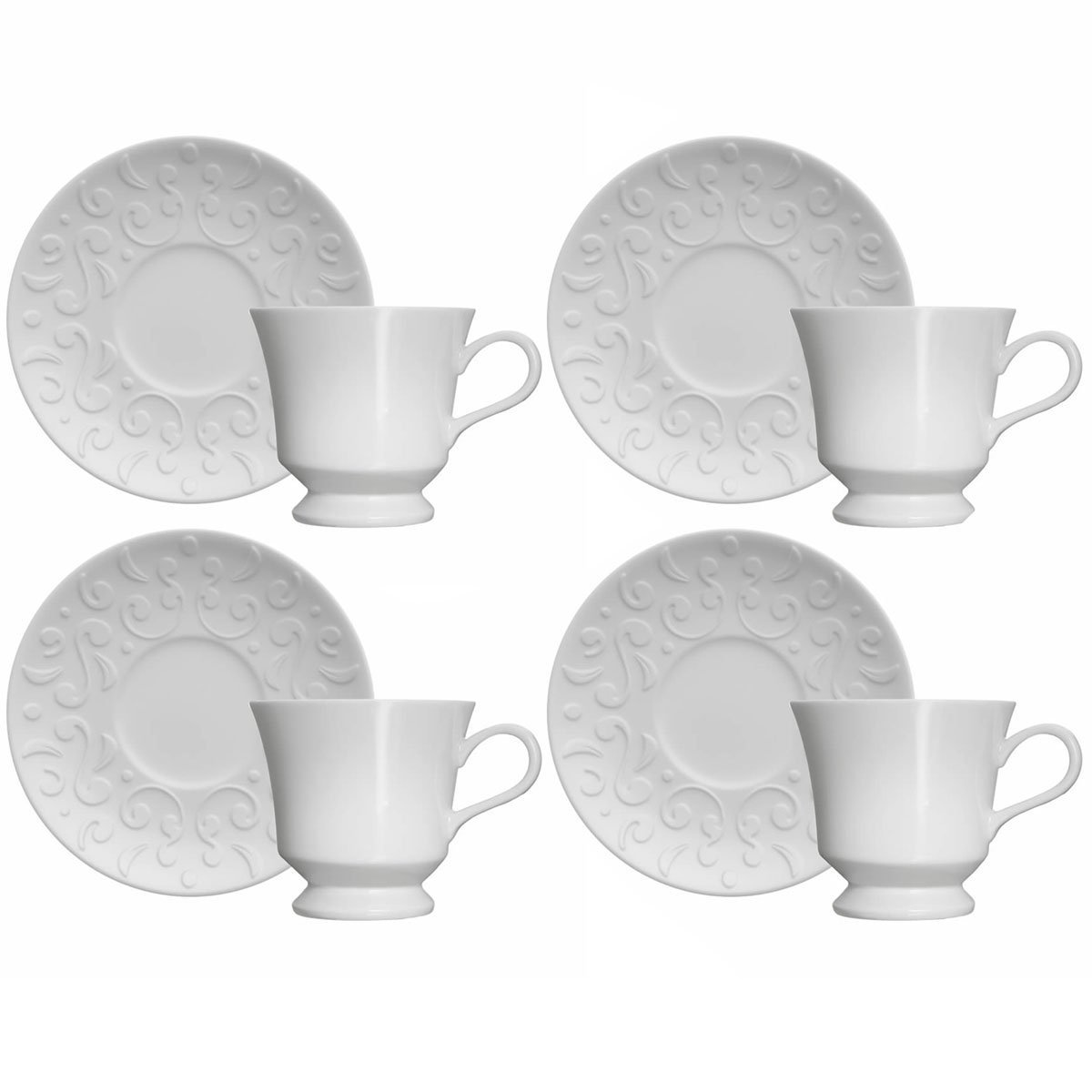 Conjunto 4 Xícaras de Café com Pires 190ml Porcelana em Relevo Tassel Germer Branco | MadeiraMadeira