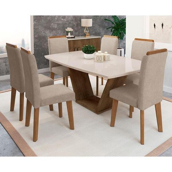 Conjunto de Mesa com Tampo de Vidro e 6 Cadeiras Diamante - Rv Móveis - Caramelo / Branco ...