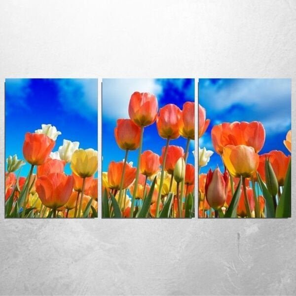Quadro Para Sala Tulipas Com Fundo Azul 120x60cm Madeiramadeira