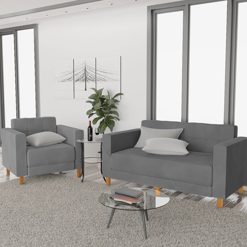 Kit Sofá 2 Lugares e Poltrona Denver Suede Cinza - AM Decor | MadeiraMadeira