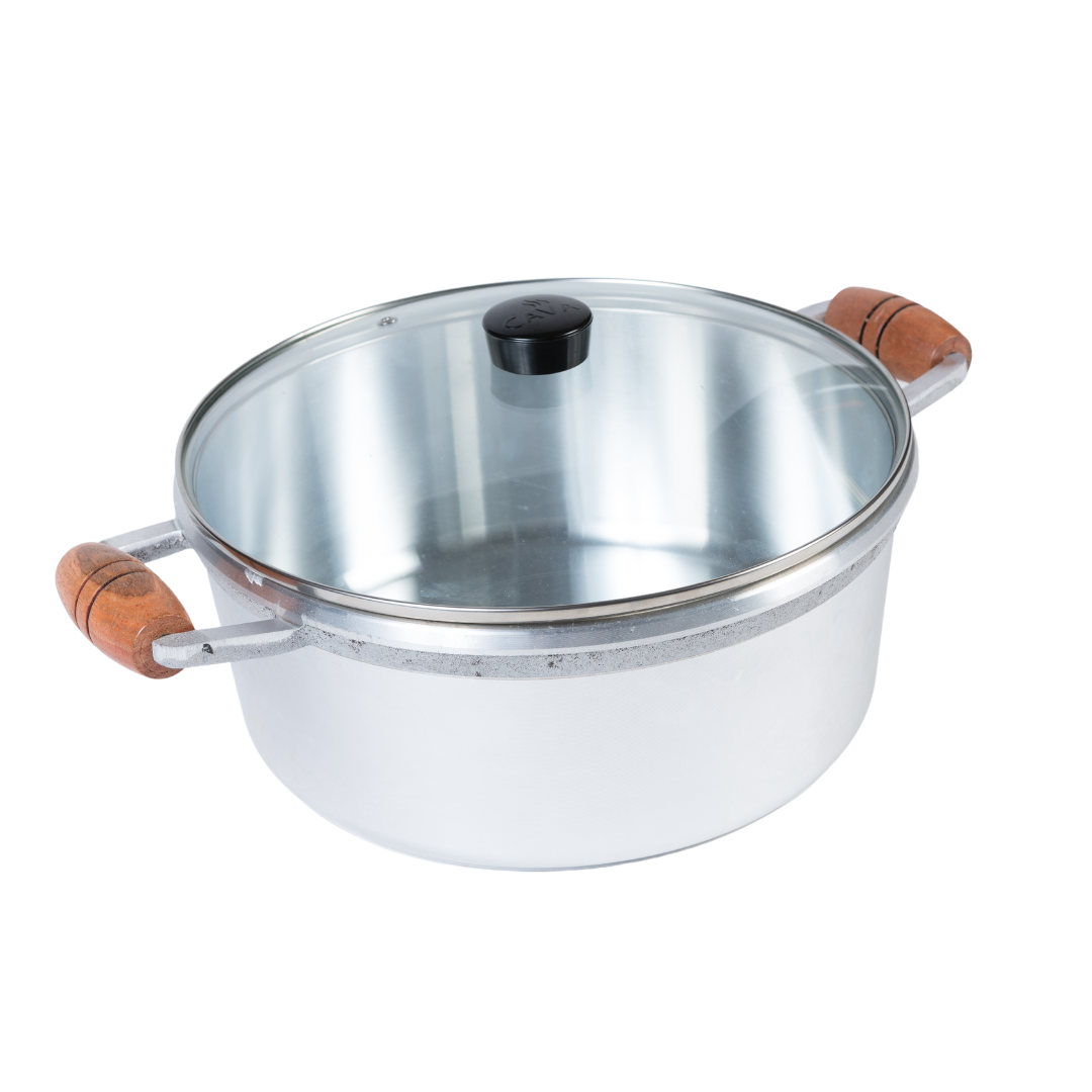Panela Grande Cava 28cm Aluminio Fundido Alça Madeira Tampa de Vidro ...