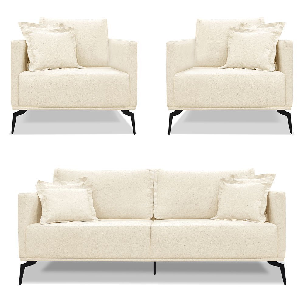 Kit 2 Poltronas e Sofá Living 2 Lugares 1,60m Sirius Linho Bege Pés ...