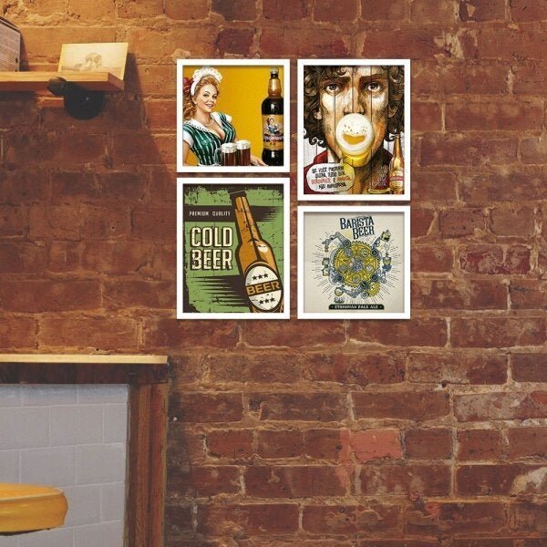 Kit 4 Mini Quadros Beba Uma Cerveja Branco | MadeiraMadeira