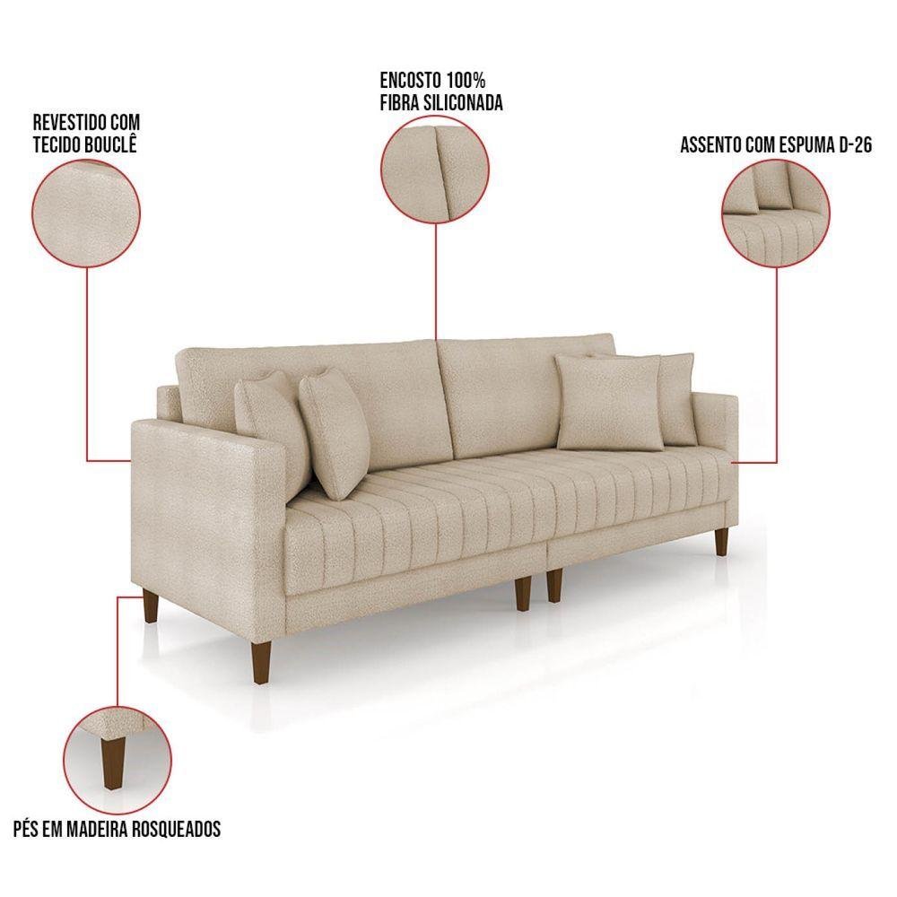 Sofá 3 Lugares Living 196cm Pés Madeira Cléo Bouclê Creme K01 - D'rossi ...