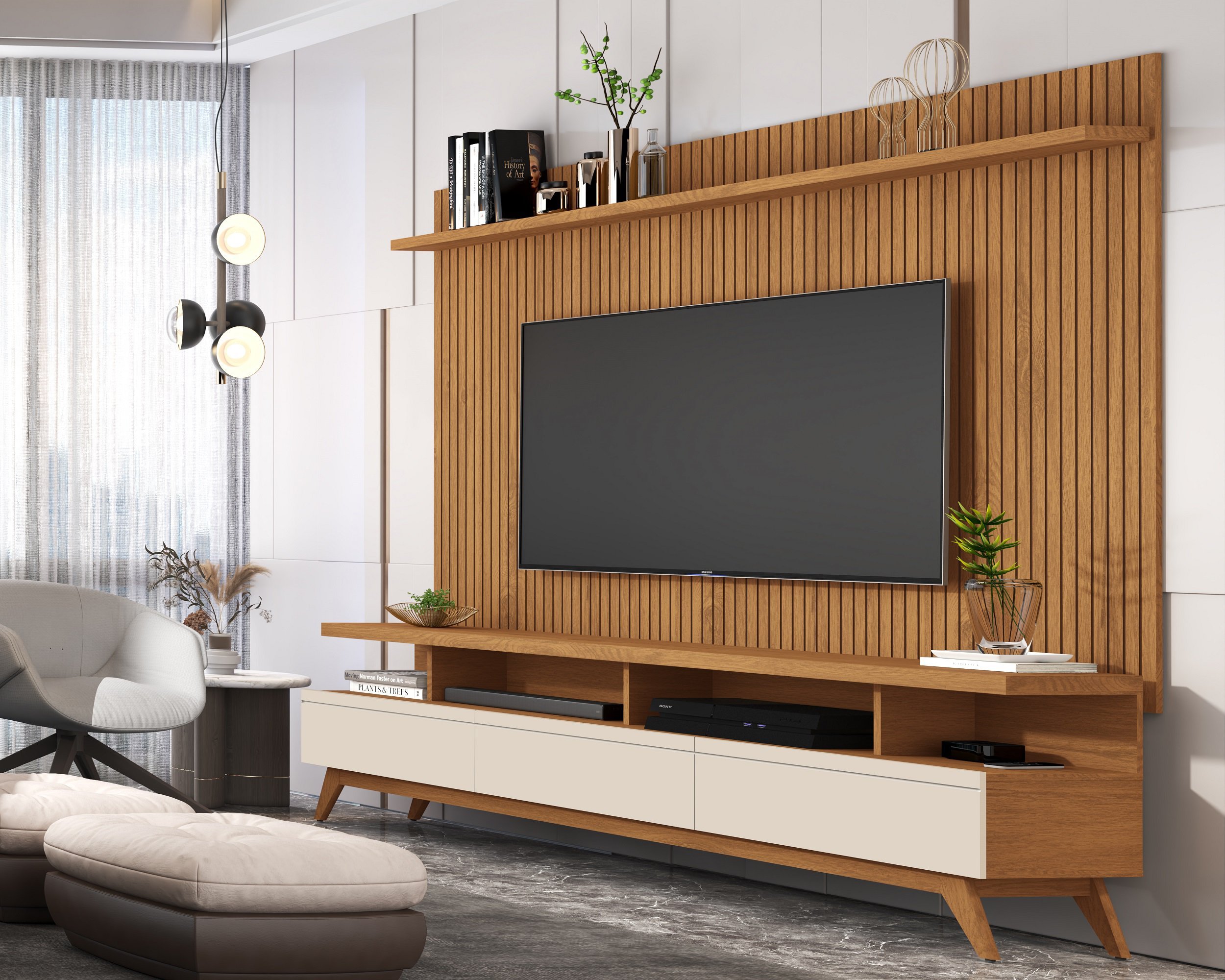 Painel Classic Frisado 1.8 + Rack Vivare Wood 1.8 p/ TV até 75'' Nature ...