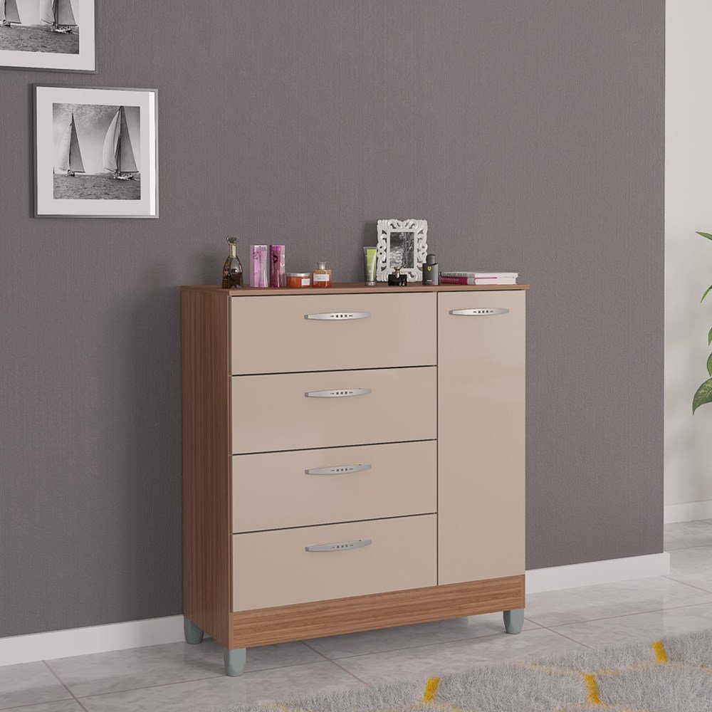 Cômoda Sapateira 1 Porta 4 Gavetas Com Pés 866 Capuccino/Off White ...