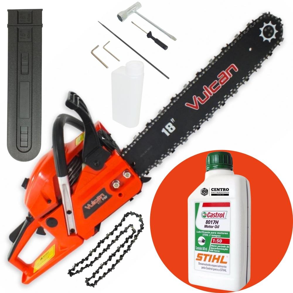 Motosserra Profissional Á Gasolina Vulcan VSL550 2T 55CC 3HP 18 Polegadas + Óleo Castrol Stihl ...