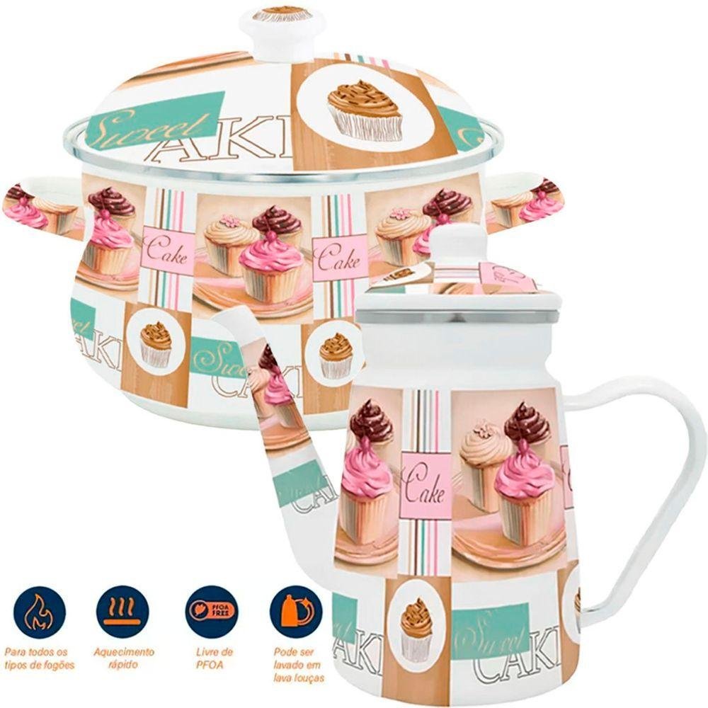 Kit Panela Caçarola Bule Cake Esmaltados Vintage com Indução ...