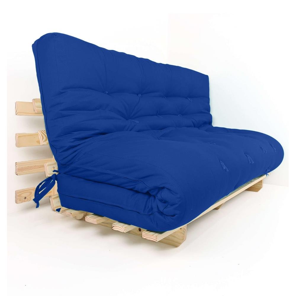 Sofa Cama Futon Oriental King Azul Royal Madeira Maciça Pinus Natural ...