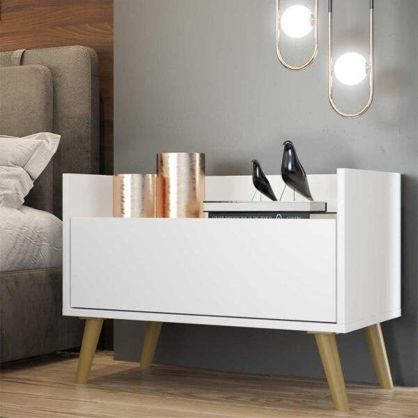 Mesa de Cabeceira 80cm com Pés Retrô Multimóveis Branca/Natural ...