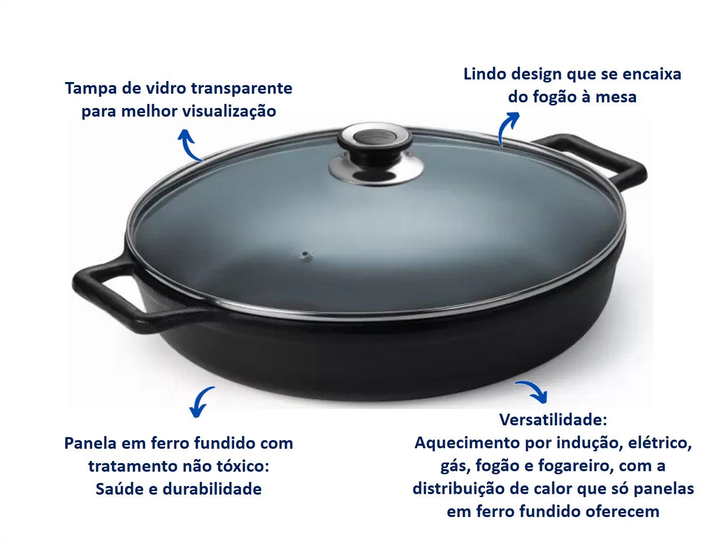 Frigideira de Ferro Lisa 37cm Panela Mineira Com Tampa De Vidro ...