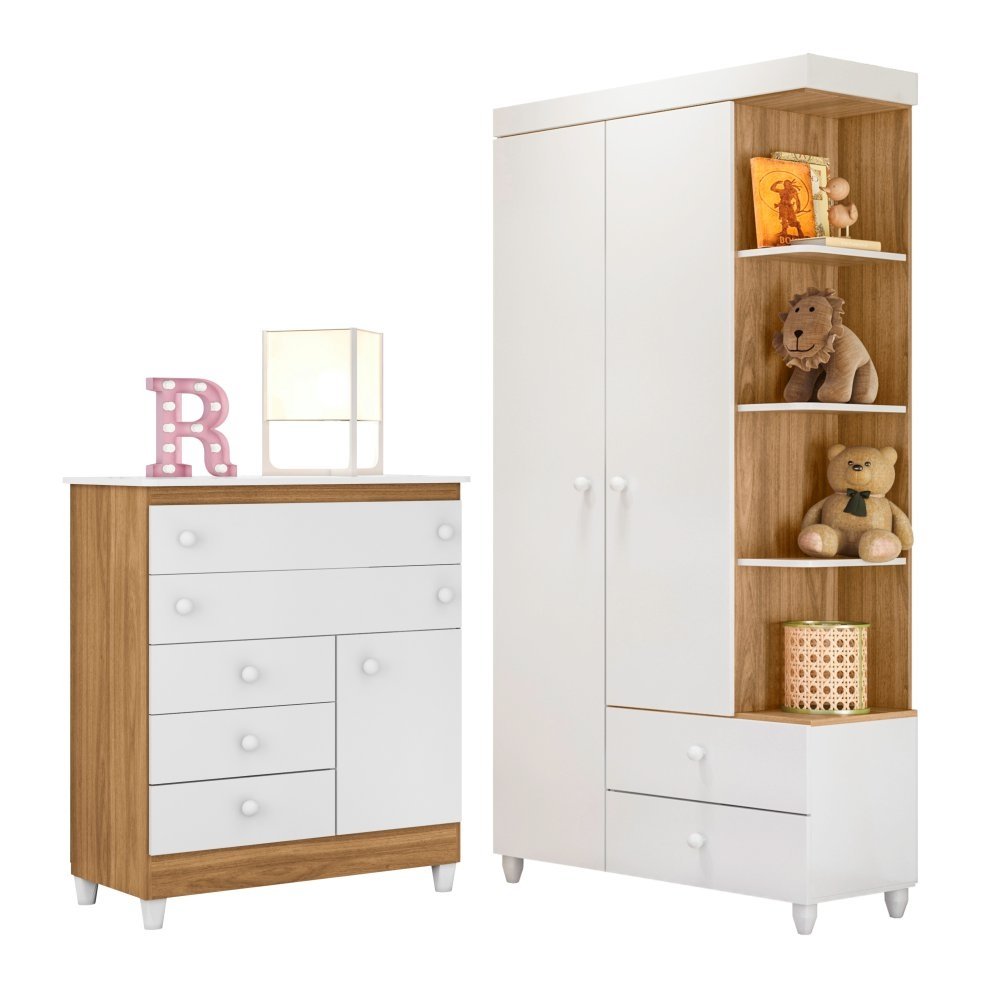 Conjunto Guarda-Roupa e Cômoda Nicolas Nature Branco | MadeiraMadeira