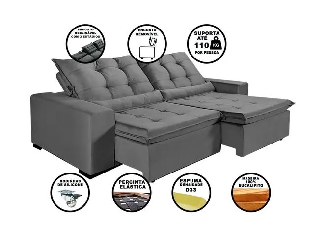Sofá retrátil e reclinável estofado Berlim 2M Valentim Cinza Chumbo | MadeiraMadeira