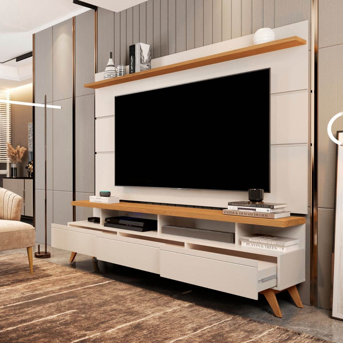 Rack com Painel 1.80 P/tv Ate 72 Polegadas Off White Nature Vivare Wood ...