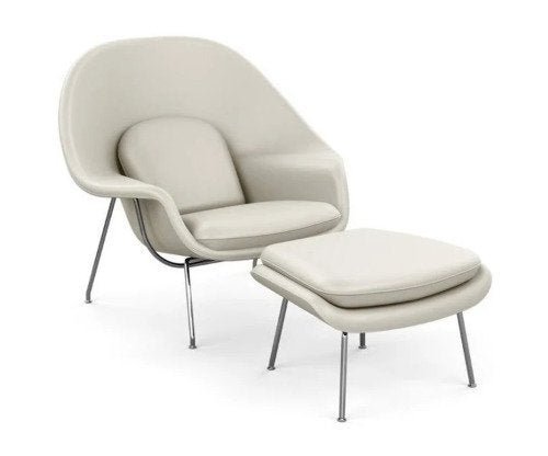 Poltrona com Puff Saarinen Womb em Couro Natural - Branco | MadeiraMadeira