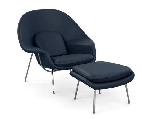 Poltrona com Puff Saarinen Womb em Couro Natural - Azul Escuro ...