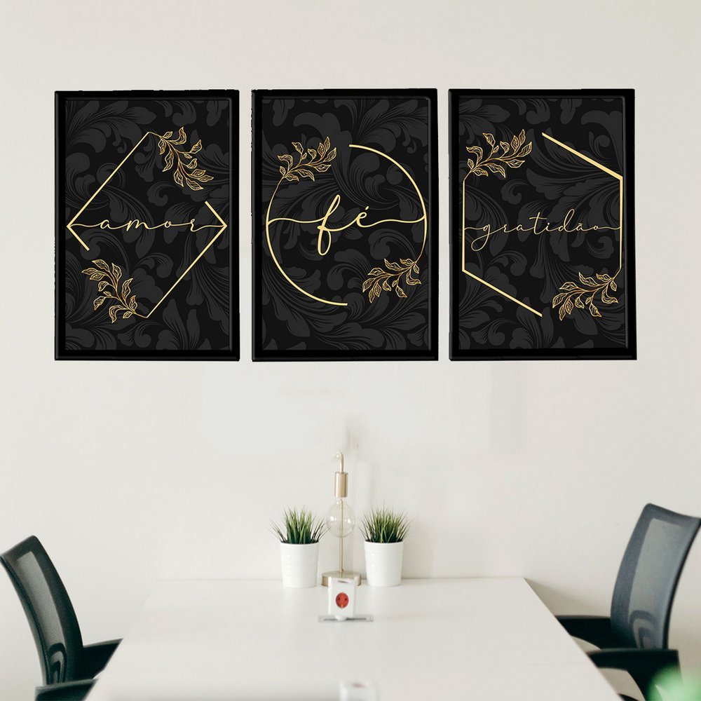 Quadros Decorativos Sala Preto e Dourado Amor Fé Gratidão Abstrato ...