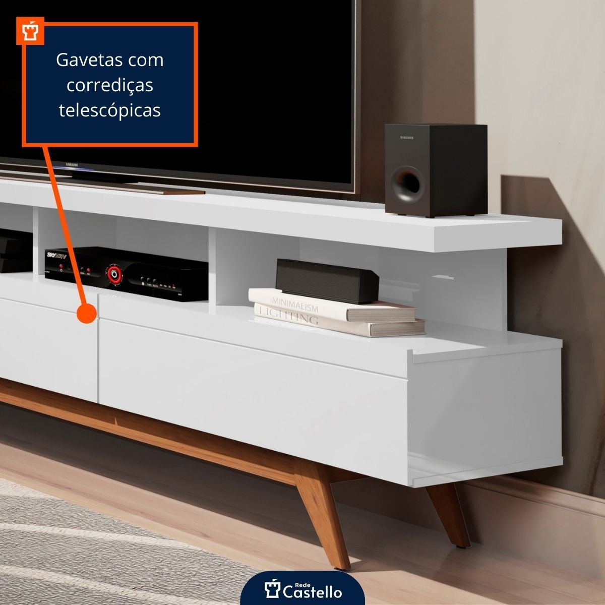 Rack de Televisão até 65 Polegadas - 3 Gavetas Nichos Pés Madeira - Mod ...