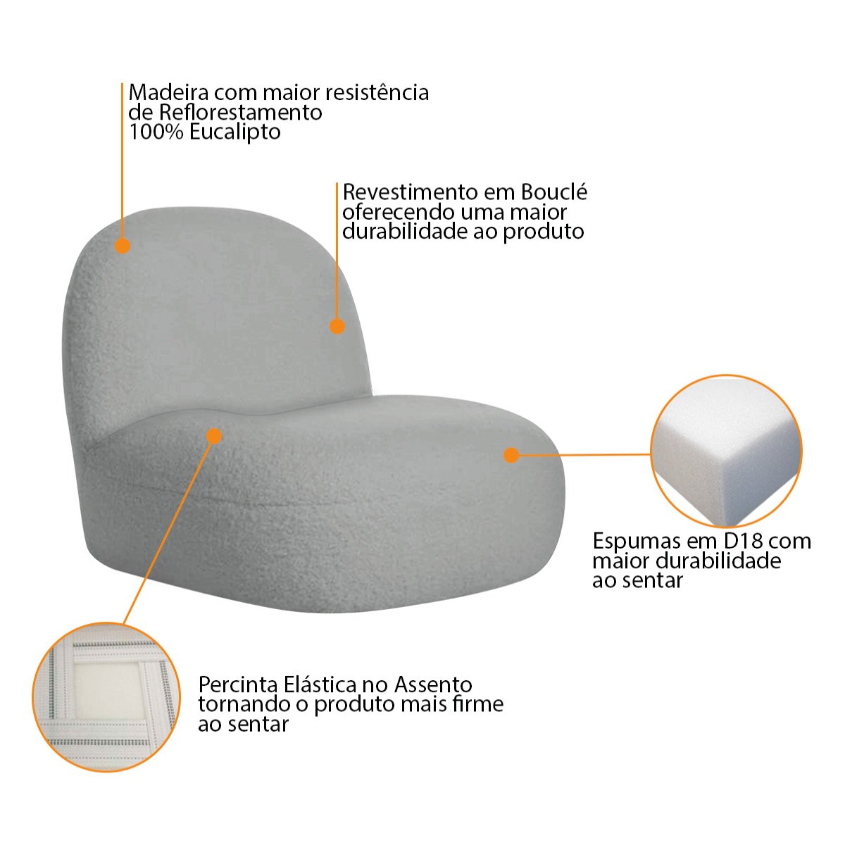 Poltrona Decorativa Amsterdã Bouclé - Adj Decor Cinza | MadeiraMadeira