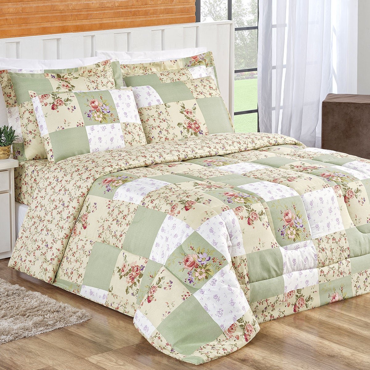Kit Edredom Queen Size Verde Patchwork 3 Peças 2,40m x 2,20m ...