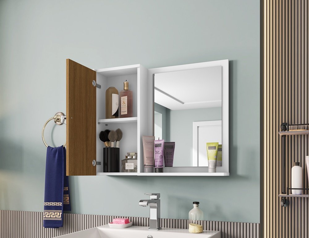 Espelheira E Armário Gênova Bechara - Branco / Ripado | MadeiraMadeira