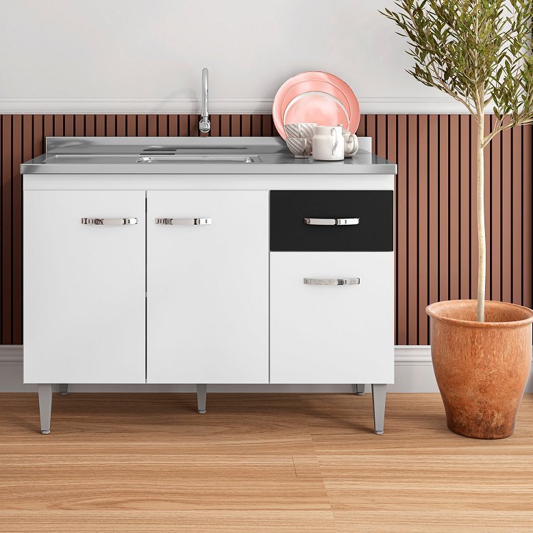 Balcão Gabinete de Pia SEM TAMPO 120cm 3 Portas 1 Gaveta Gabriela Branco / Preto - AJL Móveis ...