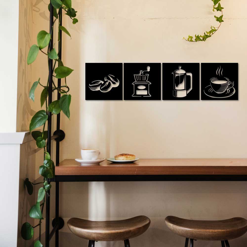 4 Quadros Itens de Cafeteria em MDF 6mm Vazado | MadeiraMadeira