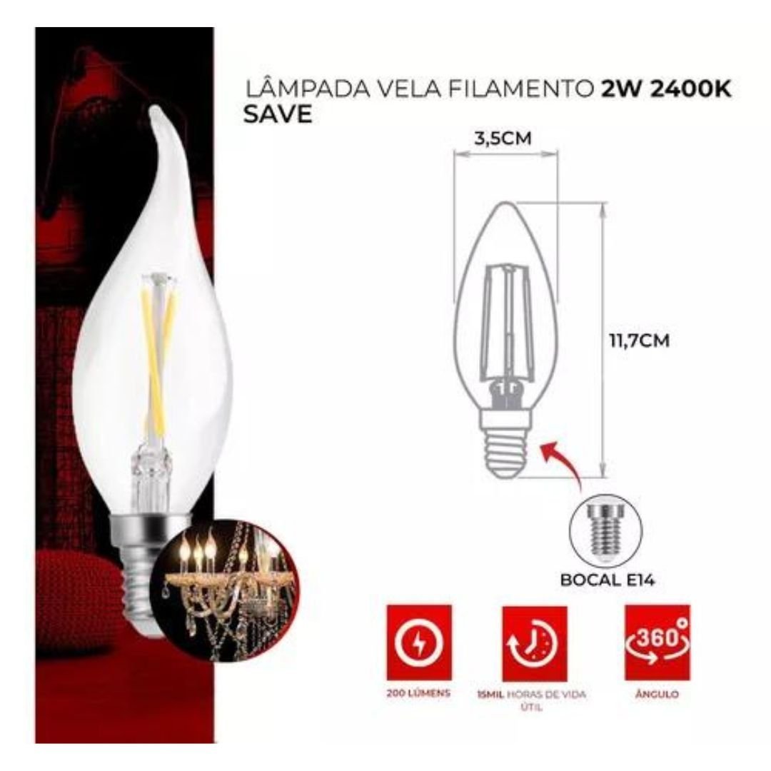Kit 4 Lâmpadas Led IP65 Vela Filamento Chama 2w 2400K E14 Save Energy ...