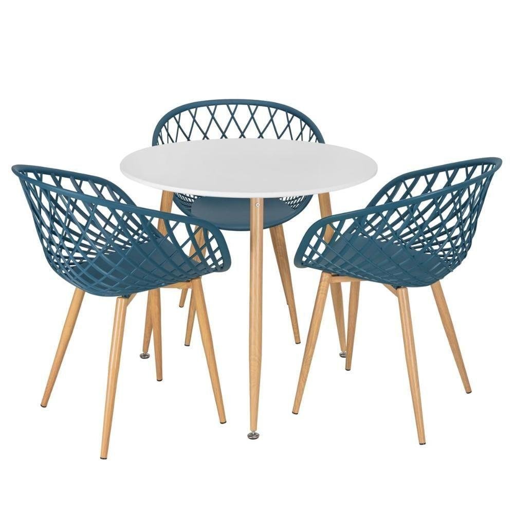 Mesa Redonda 80 Cm Branco + 3 Cadeiras Azul Petróleo | MadeiraMadeira