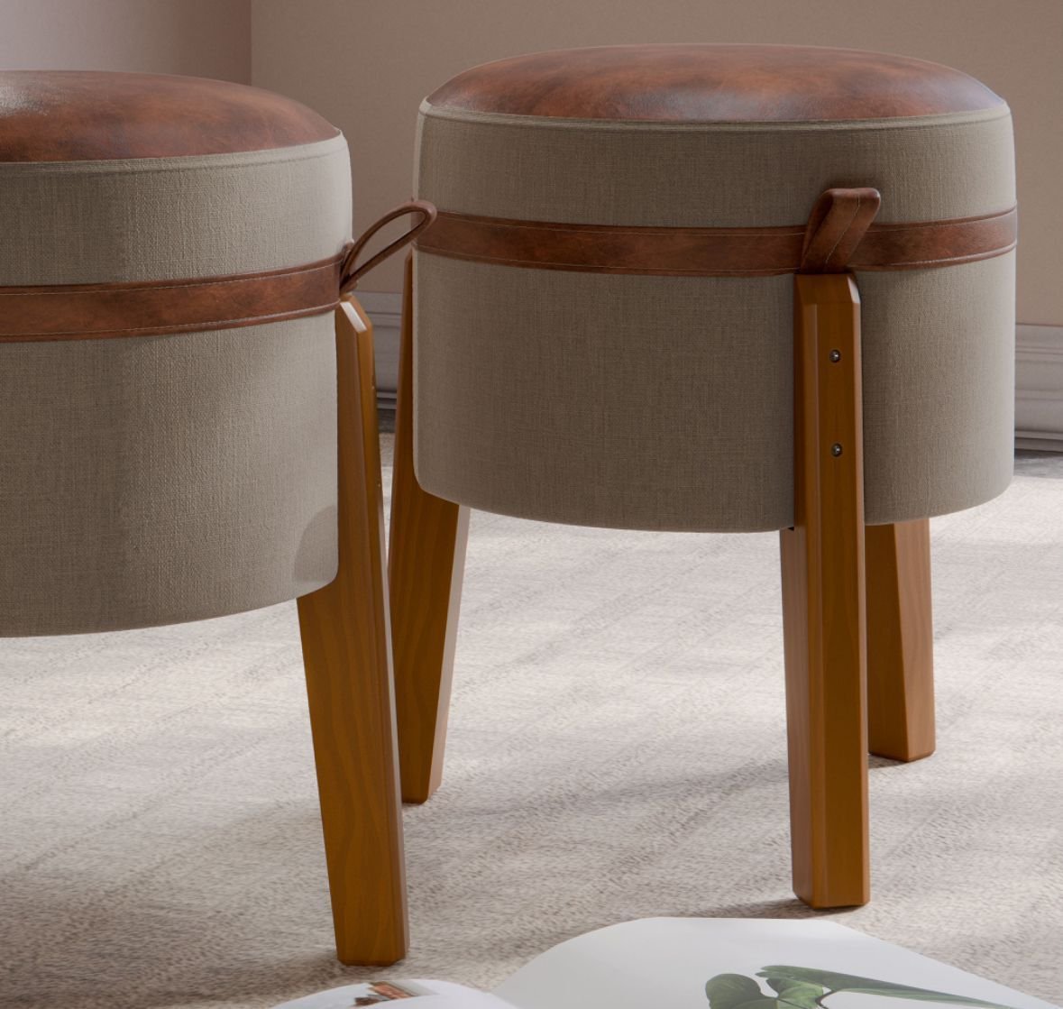 Puff Rest com Detalhes em Couro Moderno Redondo com Pés em Madeira ...