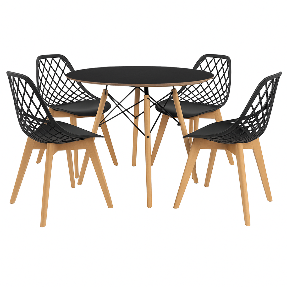 Mesa Redonda Eames Chanfrada 90cm Preta com 4 Cadeiras Kaila Wood Preta - La Mobilia ...