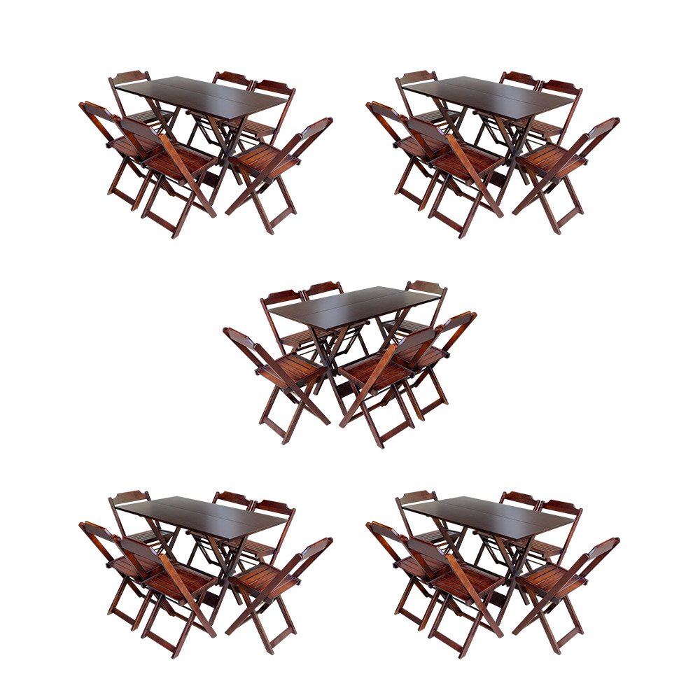 Kit 5 Jogos de Mesa Dobravel com 6 Cadeiras de Madeira 120x70 para Restaurante e Bar - Imbuia ...