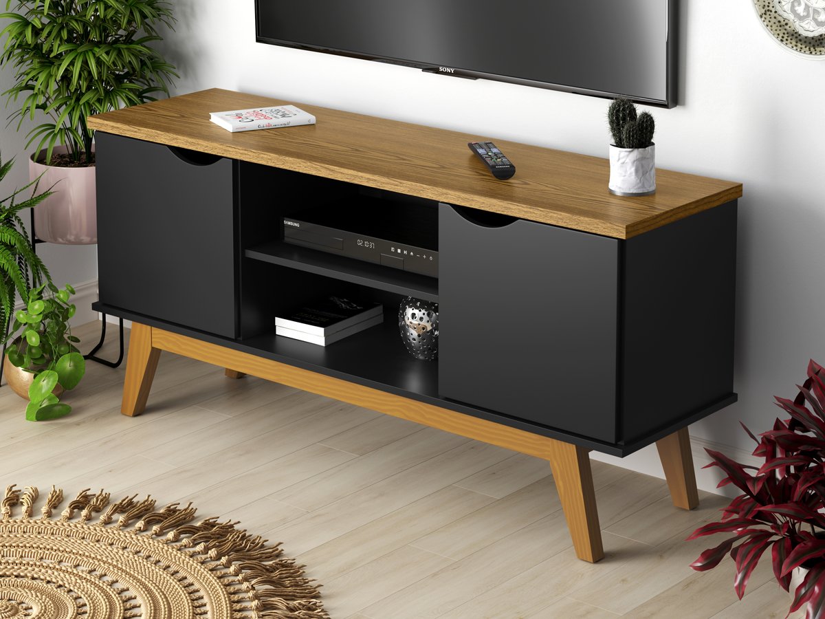 Rack Para Sala de TV Preto Acetinado com Cumaru Pés em Madeira Maciça ...