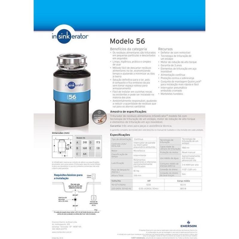 Triturador de Alimentos para Pia 56 220V (0,55HP) - InSinkErator ...