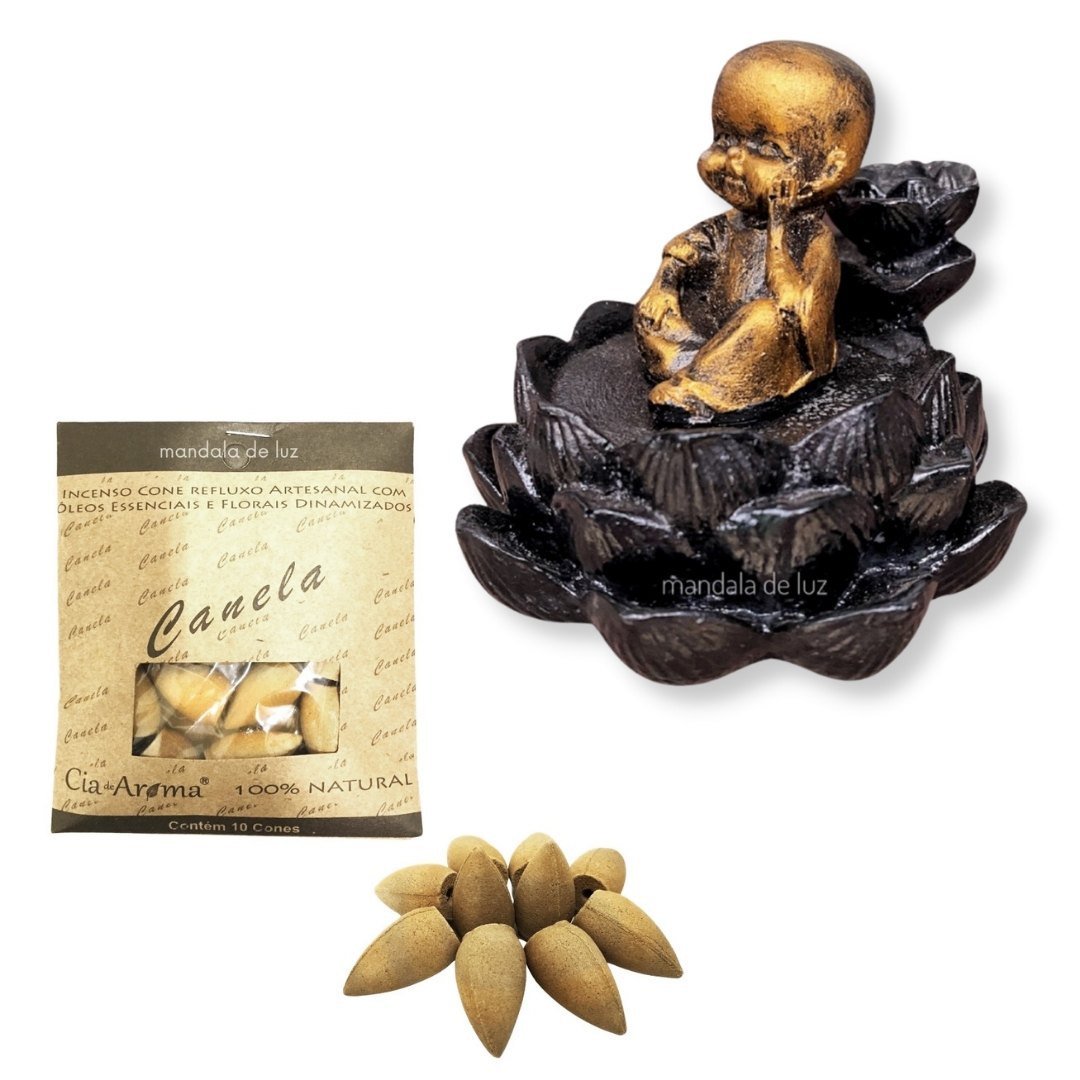 Combo Incensário Cascata Buda Monge Dourado 8cm + Incenso Cone Canela ...
