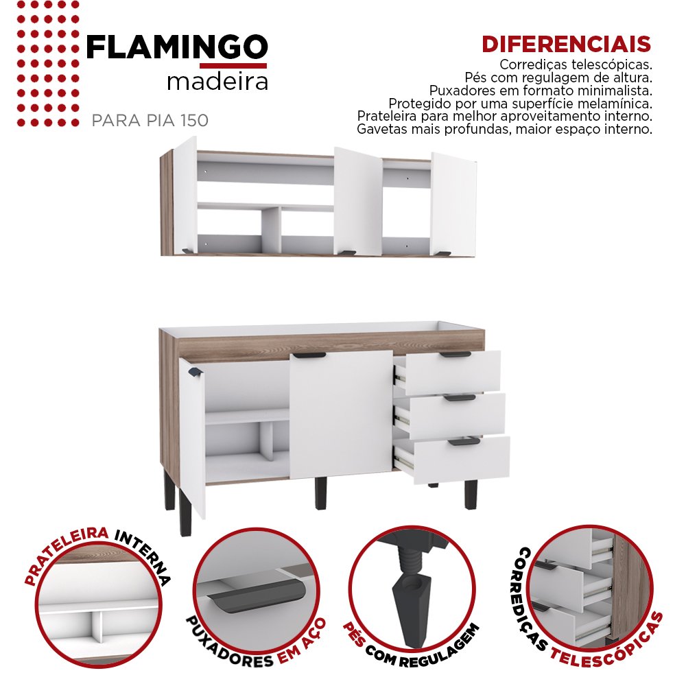 Conjunto Cozinha 2 Peças Balcão e Armário Aéreo em Madeira Flamingo 150 ...