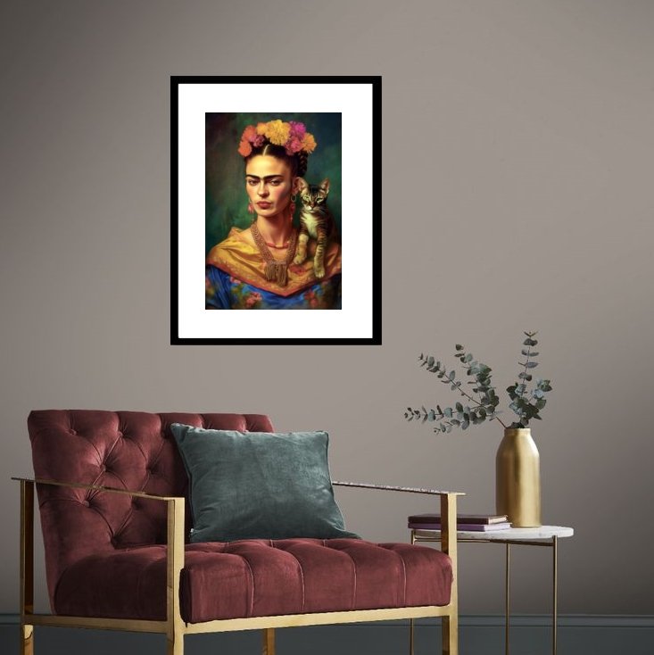 Quadro Frida e Seu Gato - 60x48cm:madeira Branca | MadeiraMadeira