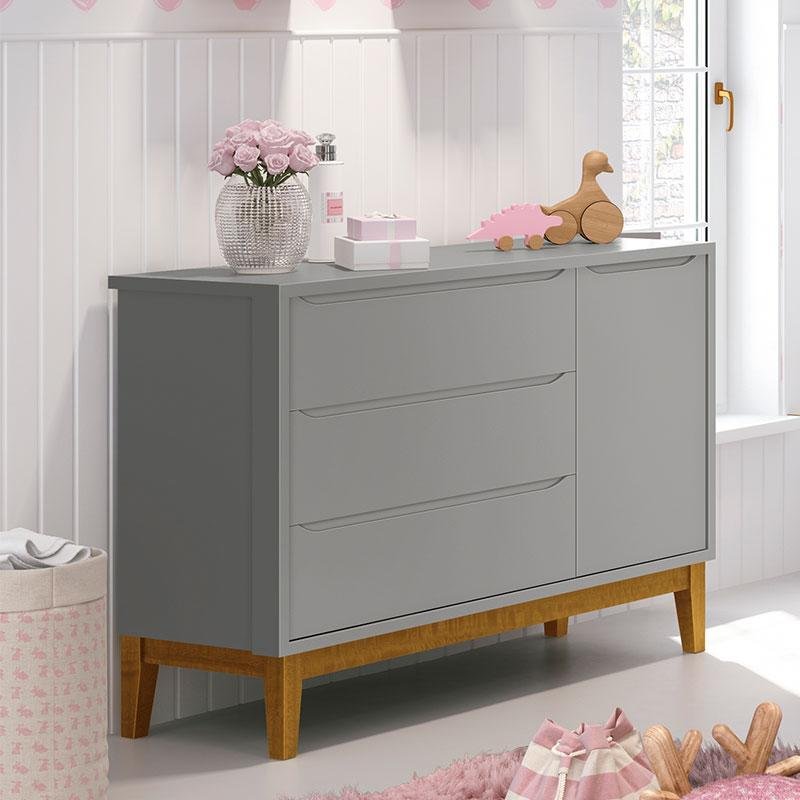Cômoda Infantil New Classic Cinza com Pés Madeira – Reller | MadeiraMadeira