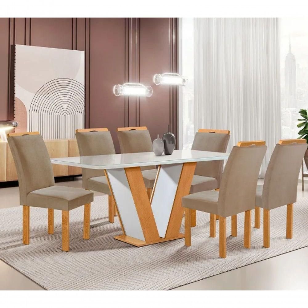 Sala de Jantar Qatar 160x80 Tampo Plus com Vidro 6 Cadeiras Londres Cel Móveis Cinamomo Off ...