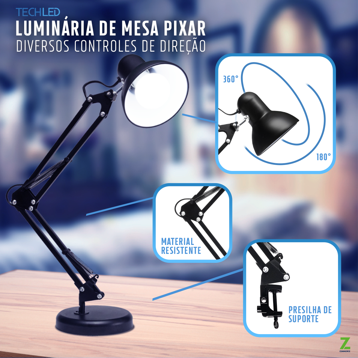 Luminária de Mesa Articulavel Preta Techled com Garra e Base Pixar ...