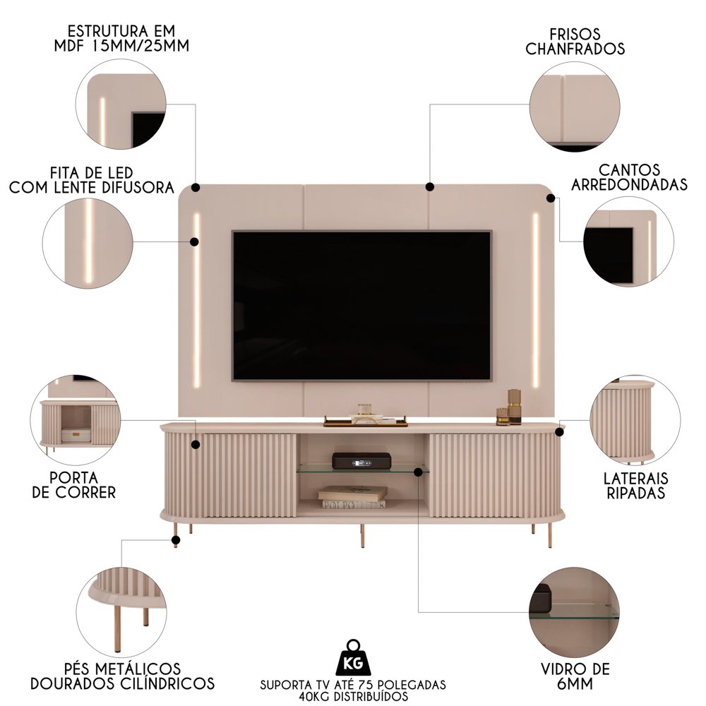 Painel para Tv 75 Pol e Rack Bancada Ripado 218cm World D04 Off White - Mpozenato | MadeiraMadeira