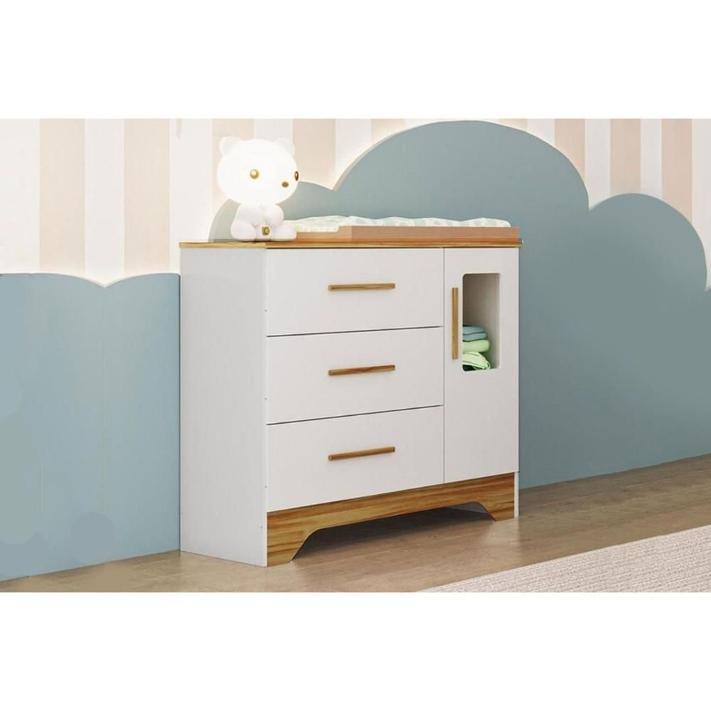 Cômoda Bebê Popy C/ 1 Porta Cristal e 3 Gavetas Branco/amendoa - Peroba ...
