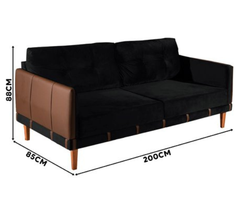 Sofá de 2m Living Fixo Boutique Luxuoso Confortavel Veludo Preto Pés ...