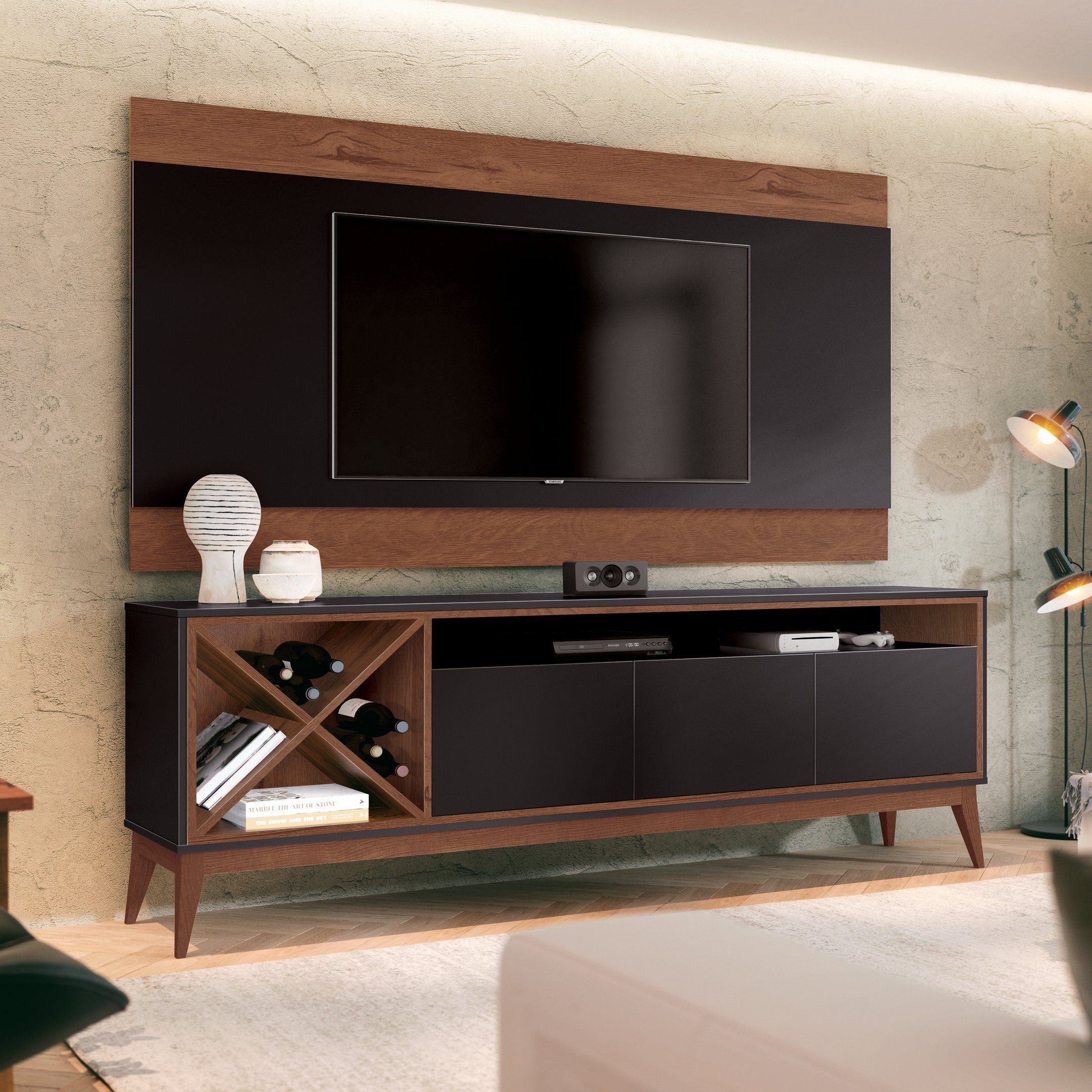 RACK COM ADEGA PASSION CLASSICO COM PAINEL PARA SALA ESTAR PRETO COM ...