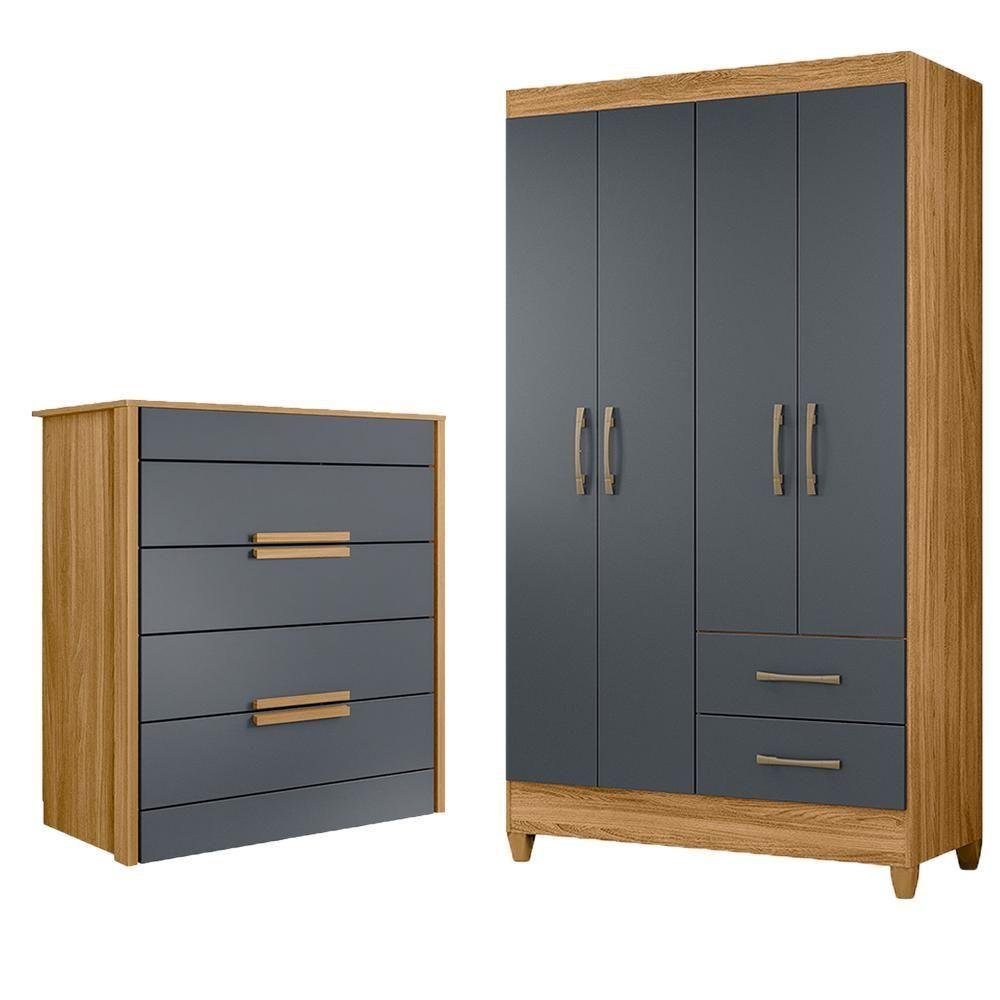 Kit Guarda Roupa Solteiro Chile e Cômoda Dhara Freijó Cinza ...