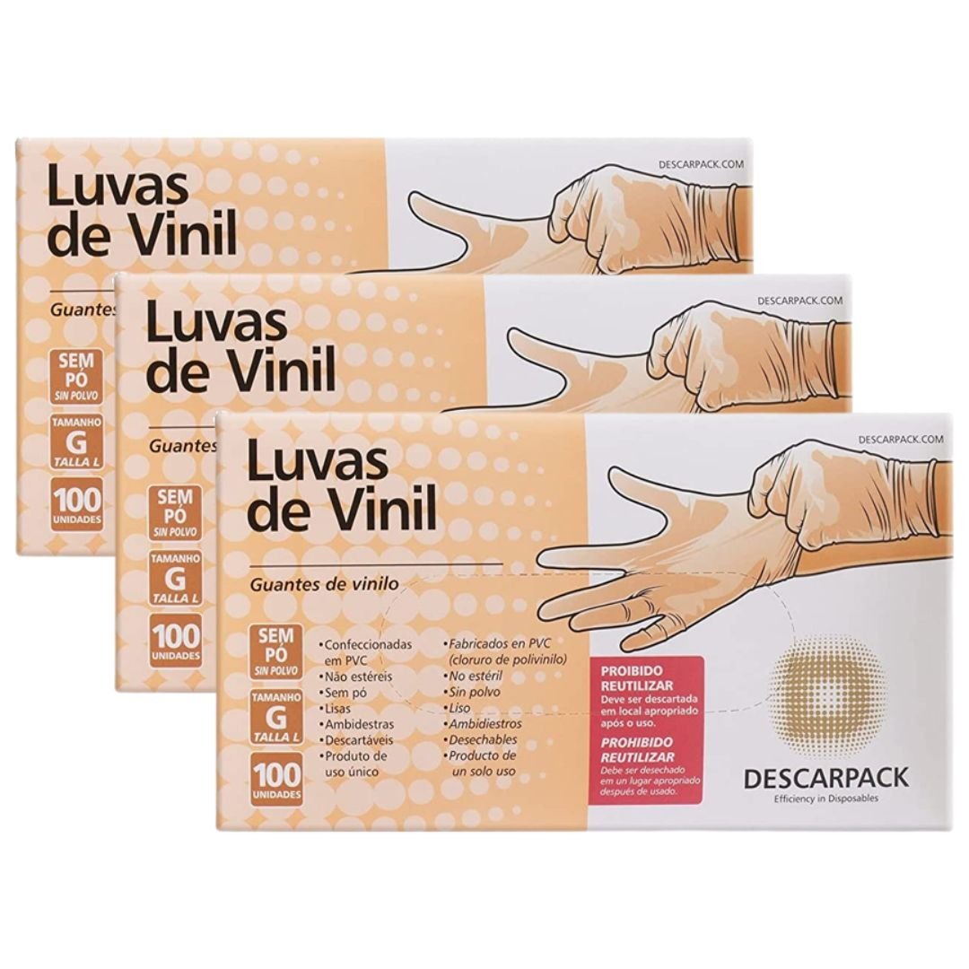 Kit 3 Caixas de Luvas de Vinil Sem Pó Atóxica Descarpack 100un:M ...